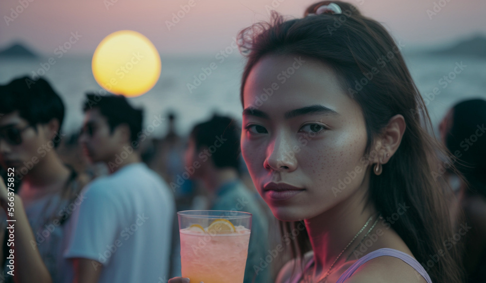 young woman at beach party on the beach, in the background a crowd ...
