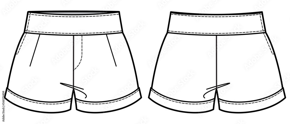 Women's casual shorts design front and back view flat sketch fashion ...