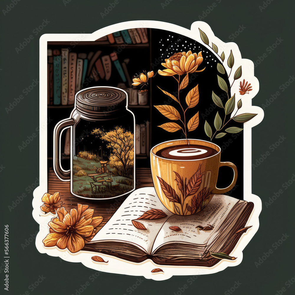 Cottagecore Coffee and Books as a Sticker, AI assisted finalized in ...