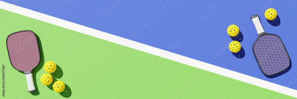 Rackets and balls for playing pickleball on the court. Banner 3d ...