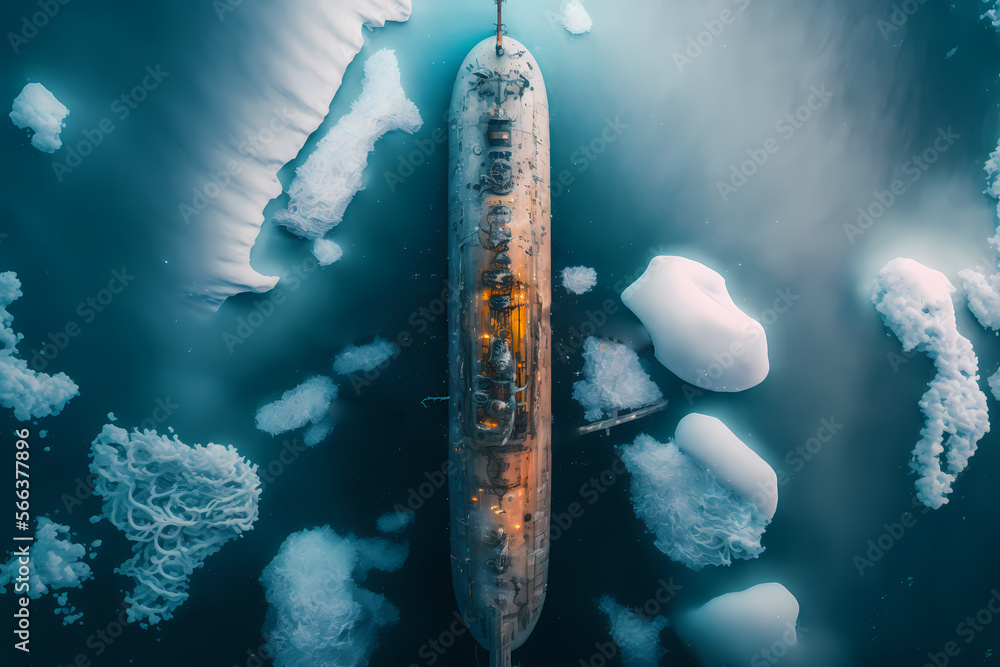 Aerial top view Nuclear military Submarine in north waters of Arctic ...