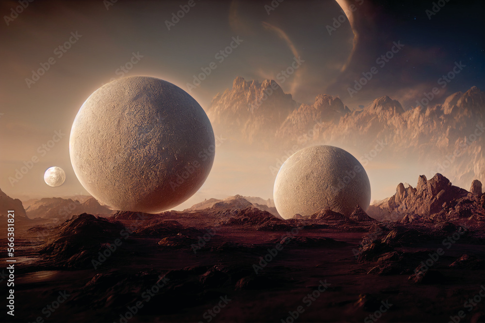 photorealistic surface of an alien planet with three moons unreal ...