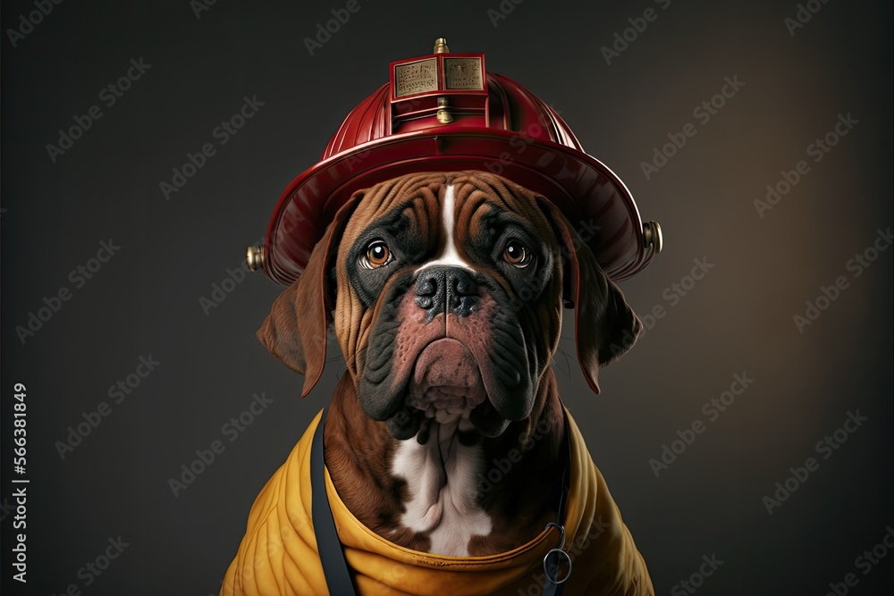A dog dressed as a fireman, wearing a fireman uniform. Generative AI ...
