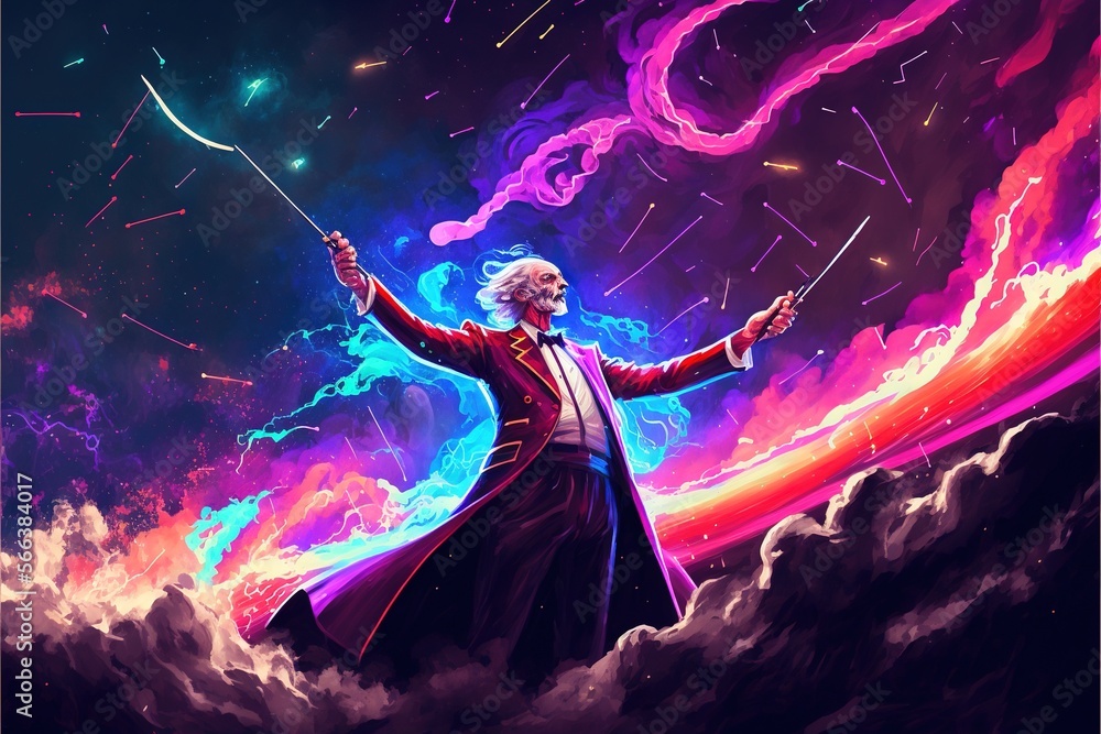 the mad conductor directing symphony of explosion , digital art style ...
