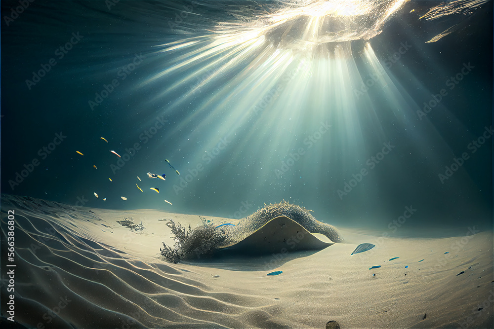 subaquatic background with sunlight filtering underwater and a sandy ...