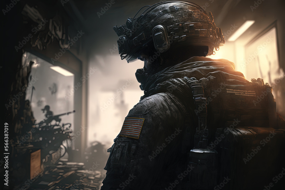 soldier in the style of a console game war futuristic combat gear armed ...