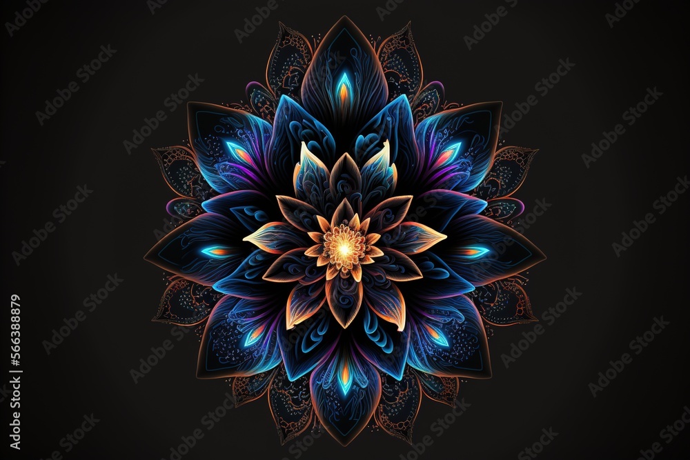 Symmetric neon glowing lily flower over dark background. Generative AI ...