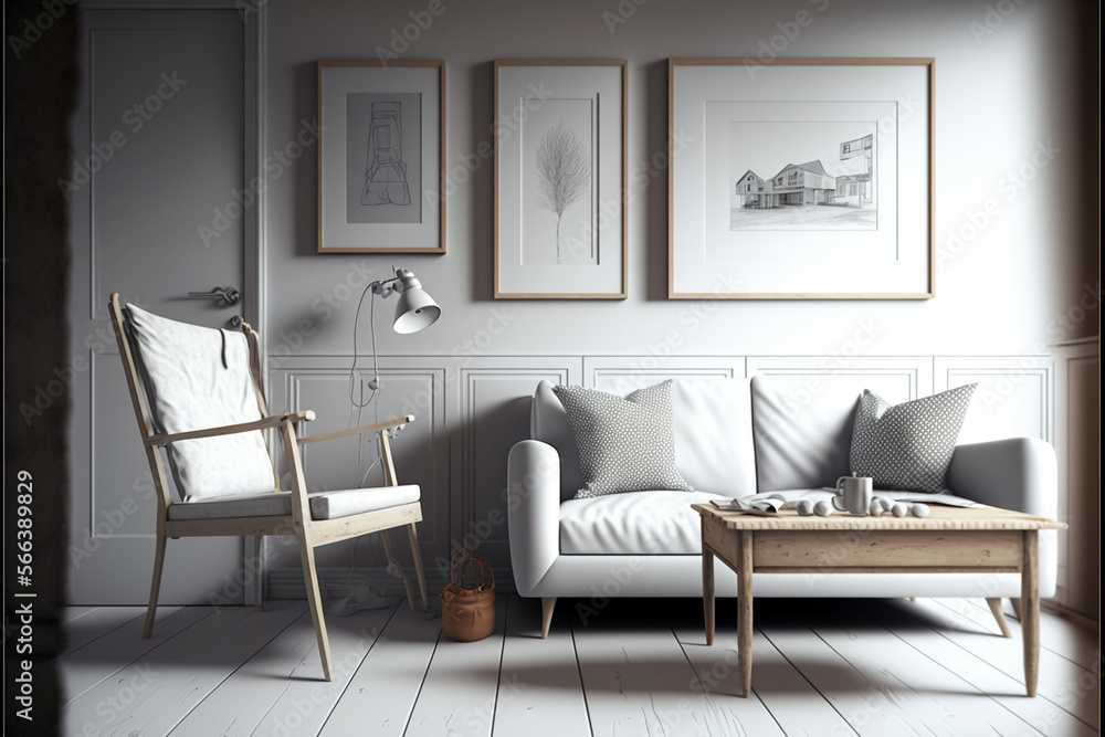 simplistic interior Design with Couch, chair, table and pictures Stock ...