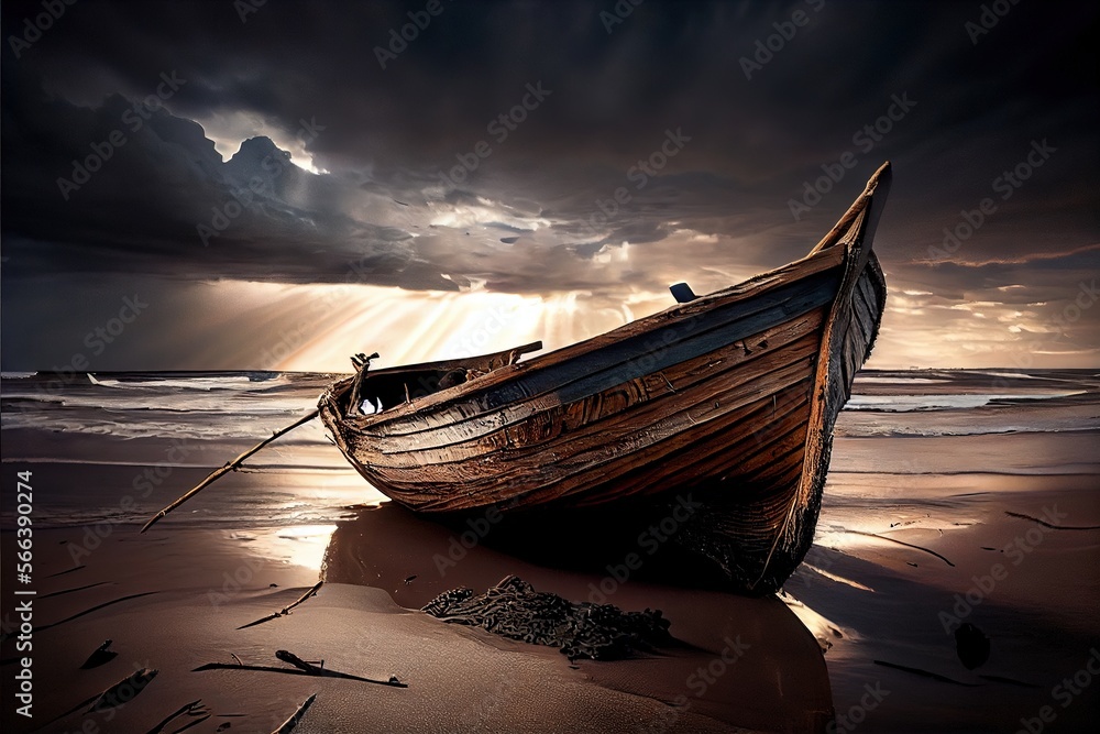 An old wrecked fishing boat rides on a deserted beach. An abandoned ...