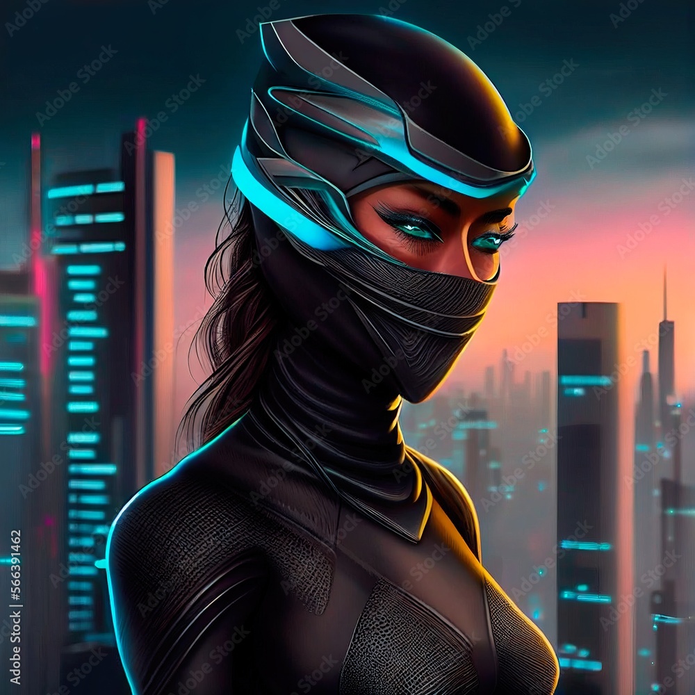 Portrait of a sci-fi cyberpunk warriors girls. High-tech futuristic ...