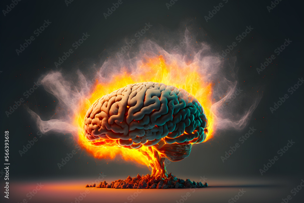 The human brain is red-hot from high mental activity, hot fire smokes ...