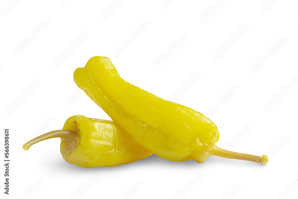 Two pickled yellow peppers, pepperoncini or friggitelli isolated on ...