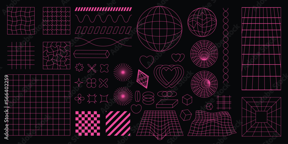 Geometry wireframe shapes and grids in neon pink color. 3D, hearts, abstract backgrounds ...