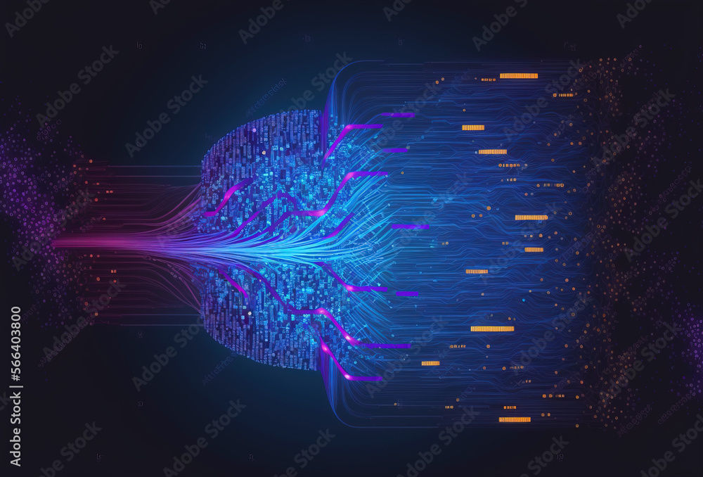 Big data technology and data science illustration. Data flow concept. Neural network. Data ...