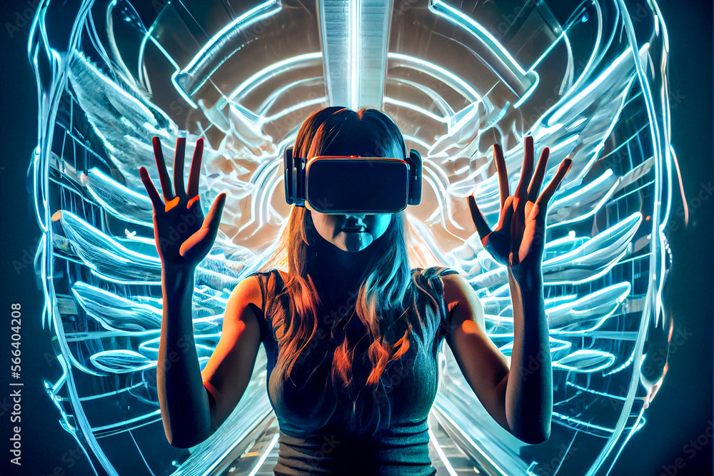 Woman using VR headset and waving hands in front of large wall display ...