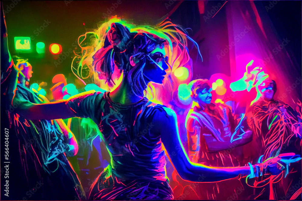 handsome neon girl dancing at the rave party with fluorescent paintings ...