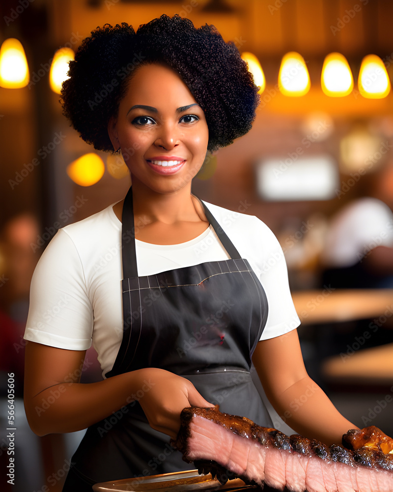 Beautiful black woman with a big smile preparing ribs in a bar-b-q ...
