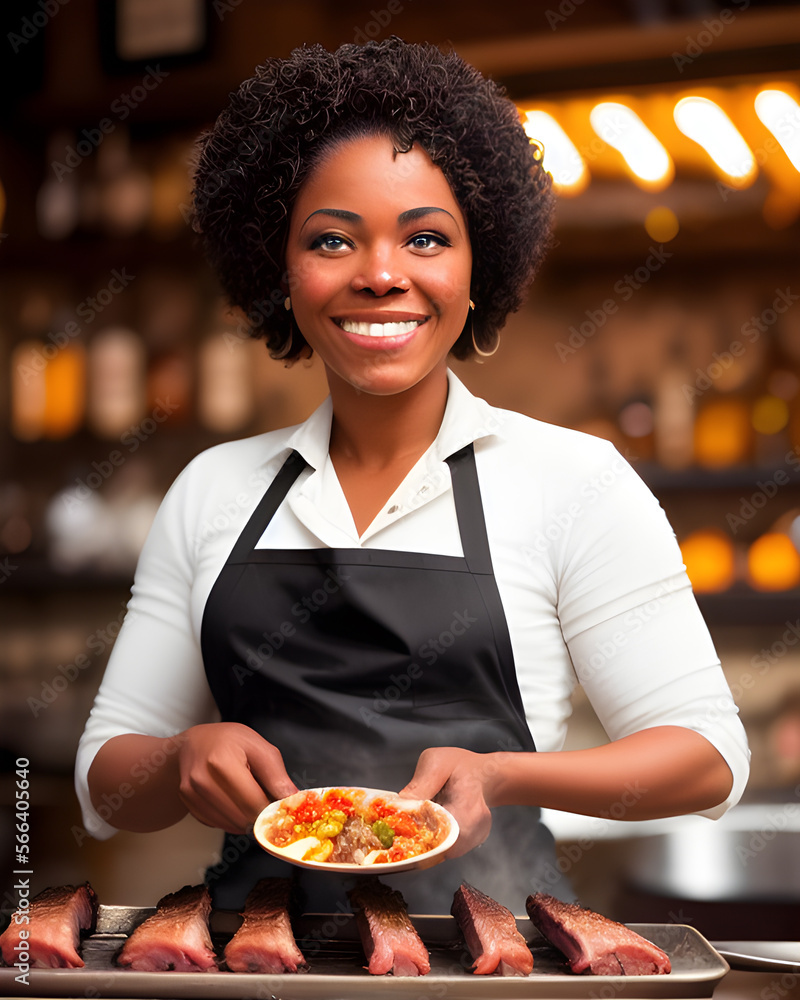 Beautiful black woman with a big smile preparing ribs in a bar-b-q ...