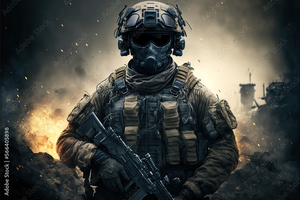 Realistic digital illustration of an elite soldier on the background of ...