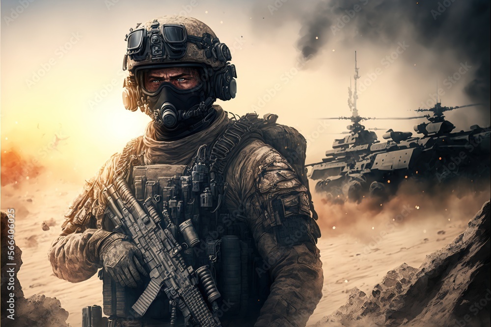 Realistic digital illustration of an elite soldier on the background of ...