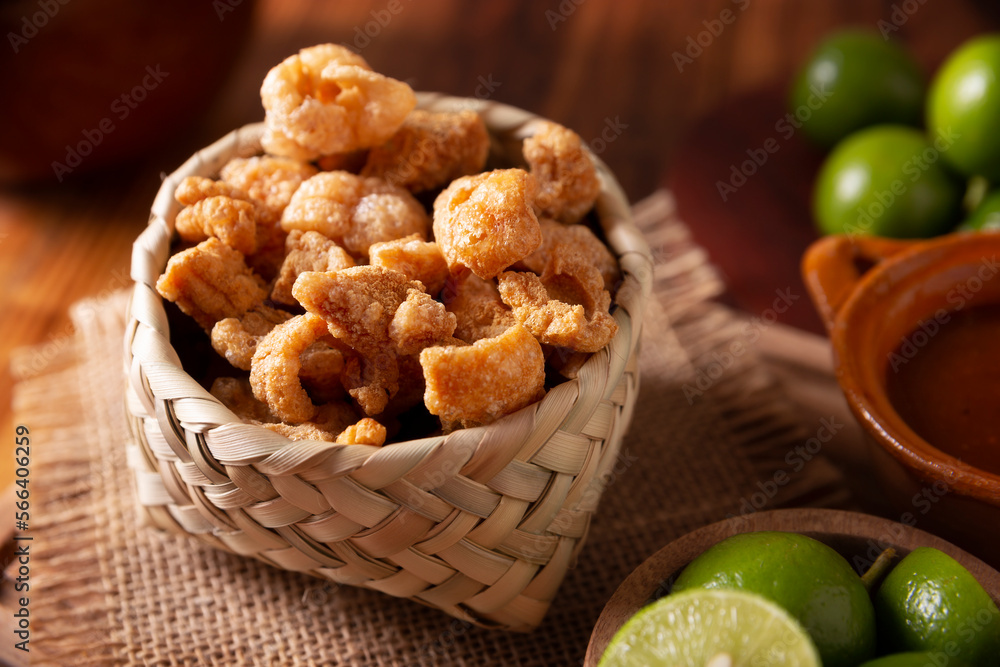 Chicharrones. Deep fried pork rinds, crispy pork skin pieces ...