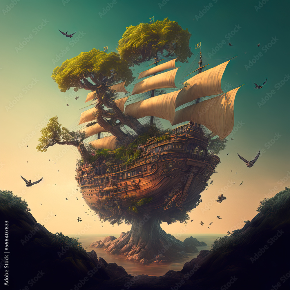 Landscape of pirate ship in a big tree with flying birds. Generative AI ...
