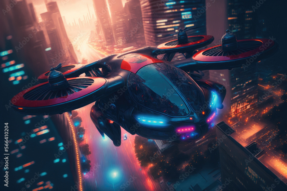 Future of Aerial Police vehicle, Air police unit in futuristic city, UAM urban air mobility ...