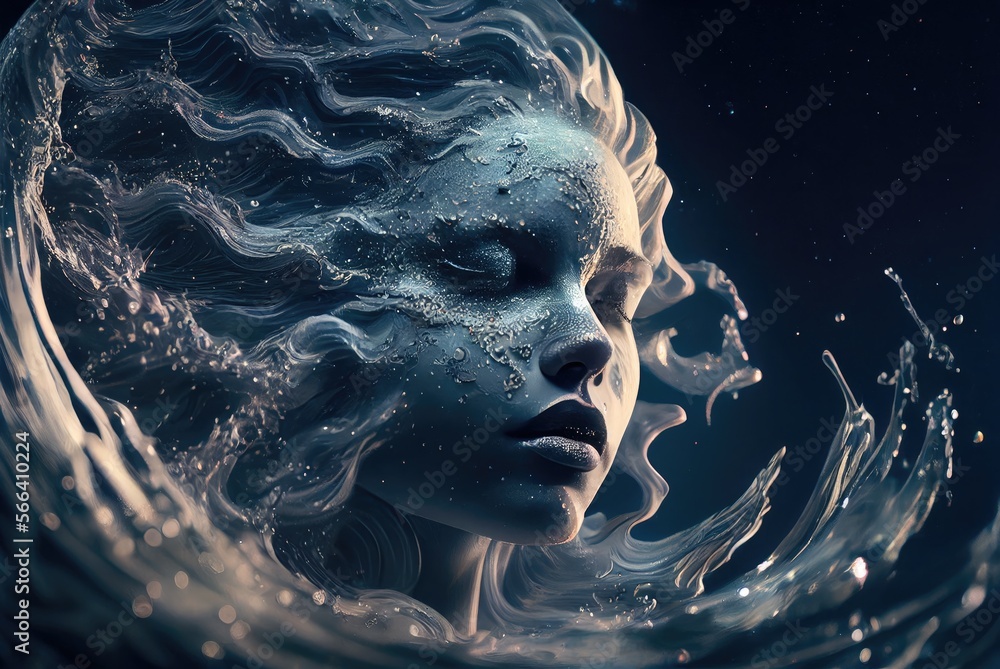 Graphic illustration of a lady dissolving into ocean, generative AI Art ...