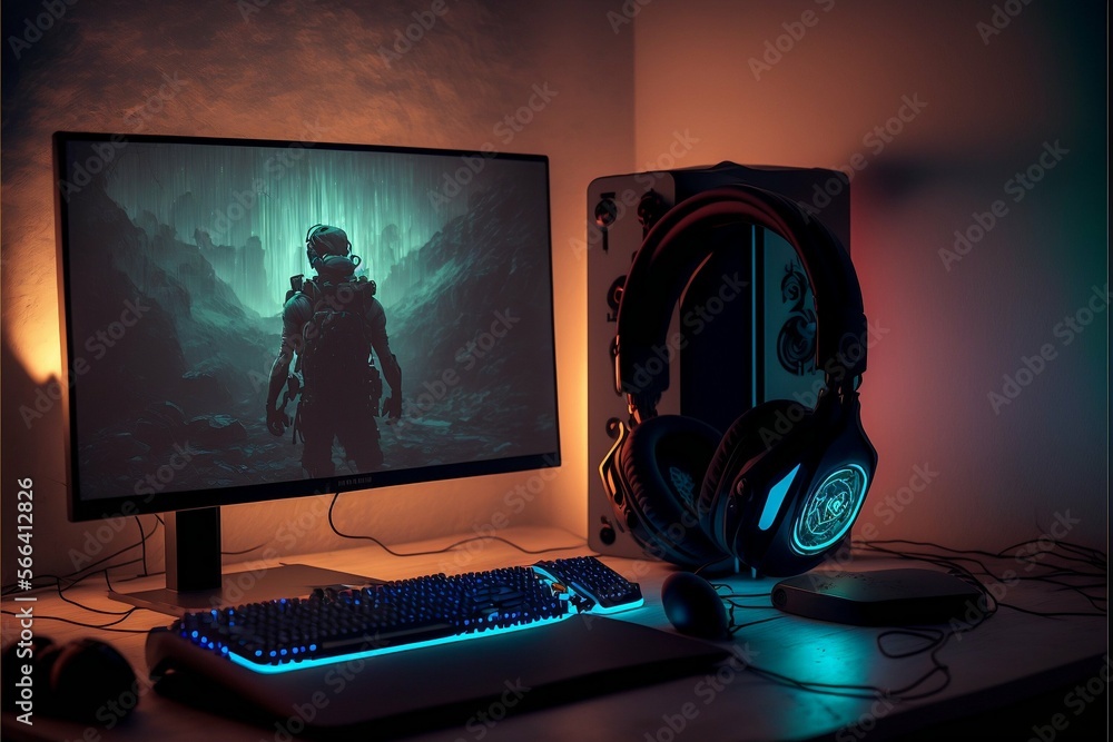 Gaming desk for professional gamer. Video games and streaming. Teenager ...