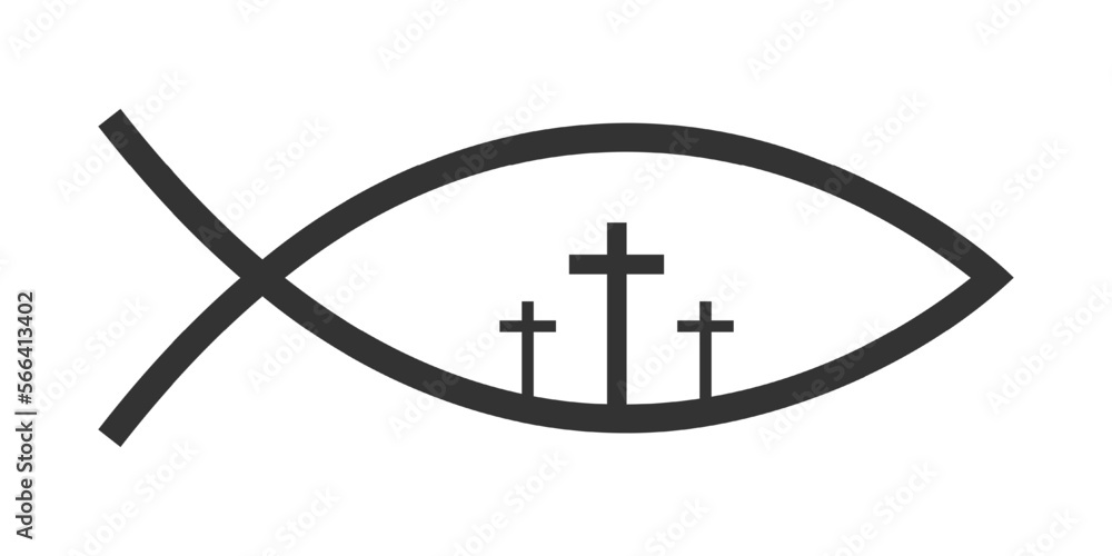 Jesus fish Bible symbol with three crucifixions isolated on white ...