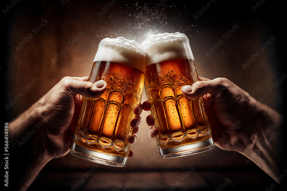two beer mugs toasting, cheer or cheering. ai generative content Stock ...
