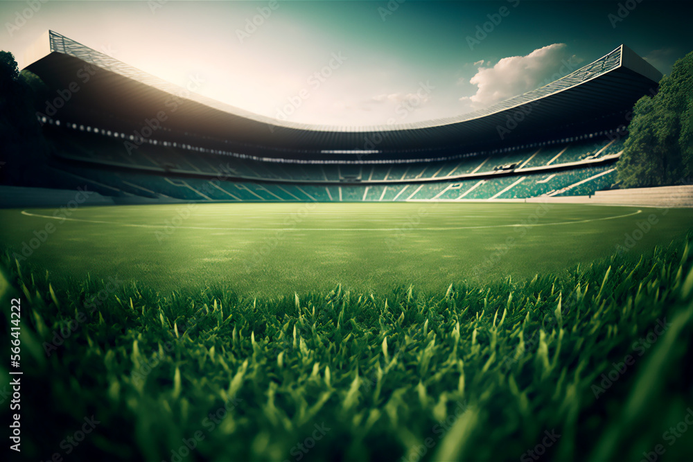 football stadium blurred background with lights, grass, ground view ...