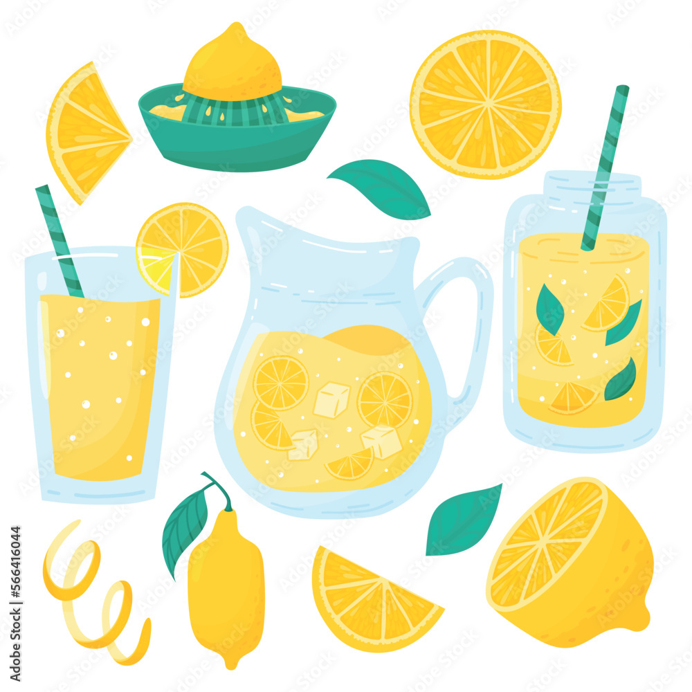 Cartoon lemonade set. Lemonade in jar, mint cocktails, pitcher drinks ...