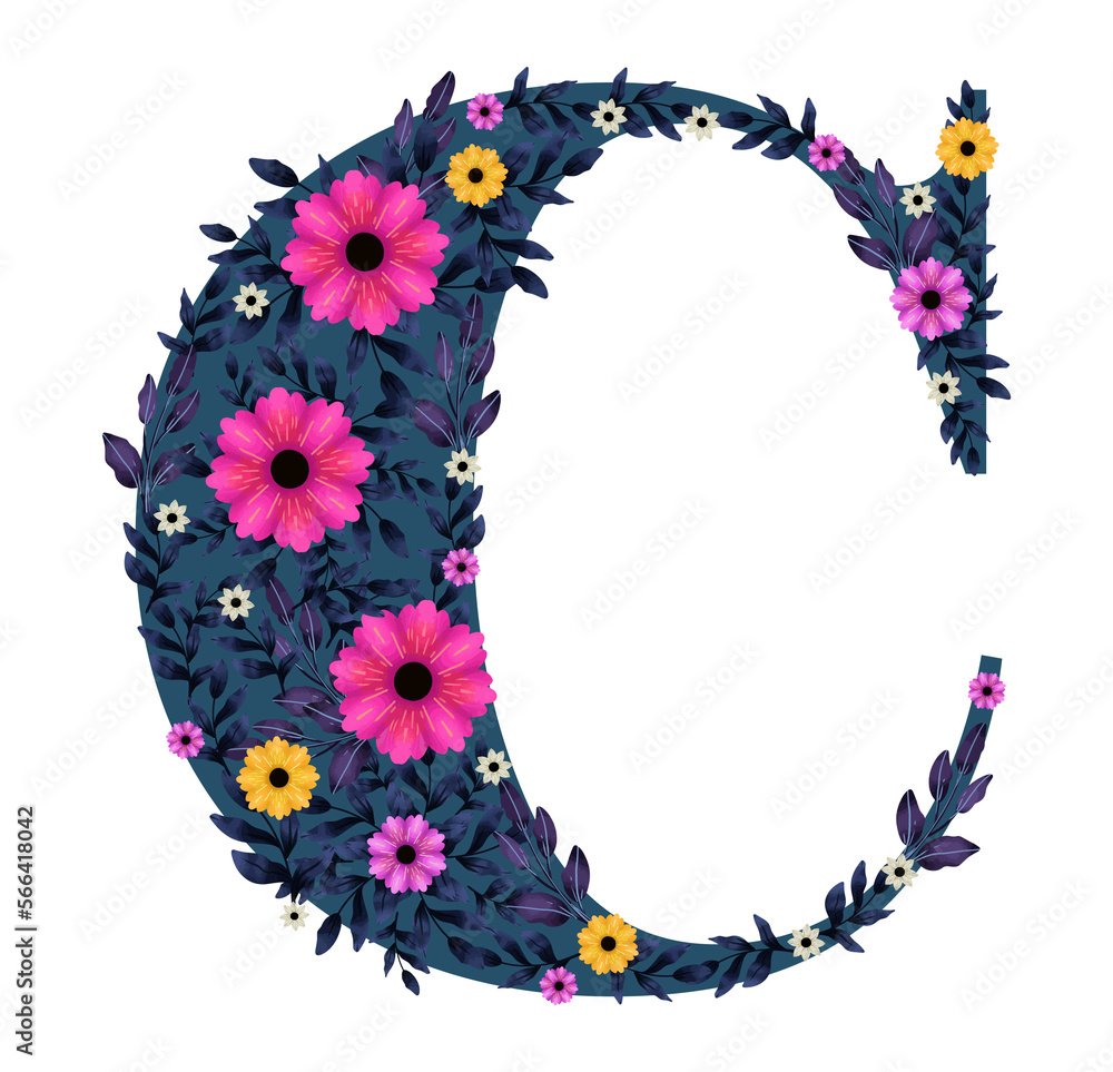 Monograma C azul con flores. Letras Mayúscula Floral para Inicial ...