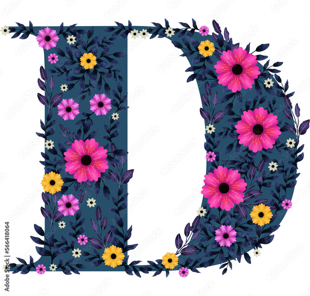 Monograma D azul con flores. Letras Mayúscula Floral para Inicial ...