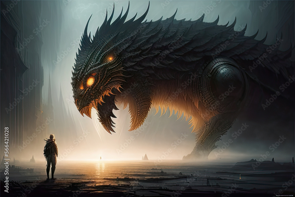 Huge aggressive mystical dragon in move. Creature with big strong and ...