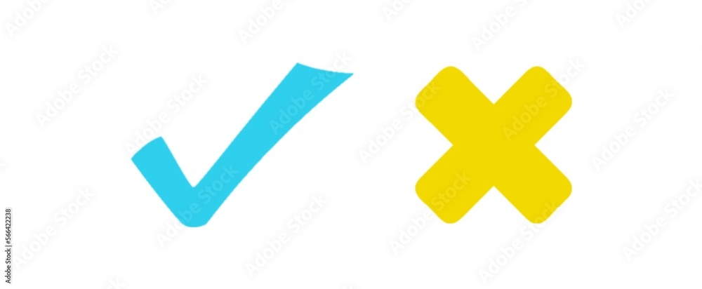 Blue check mark and yellow cross symbol icon element, Isolated on white ...