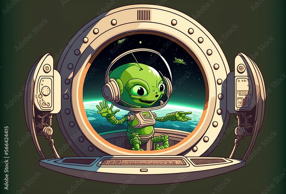 cartoon illustration, an alien in a spaceship approaches the earth ...