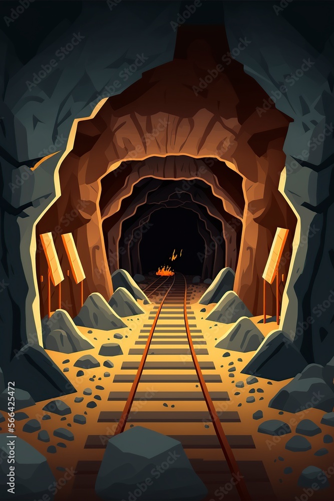 cartoon illustration, tunnel of a mine with railway ,rocks and stones ...