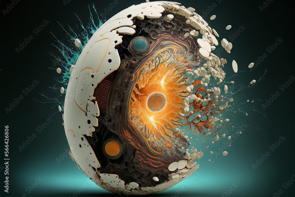 Abstract and colorful spherical shape resembling both an explotion and ...