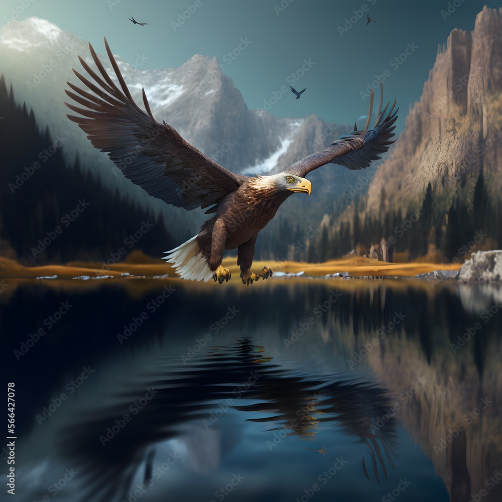 Eagle flying over a lake plit screen with fish underwater Mountains in ...