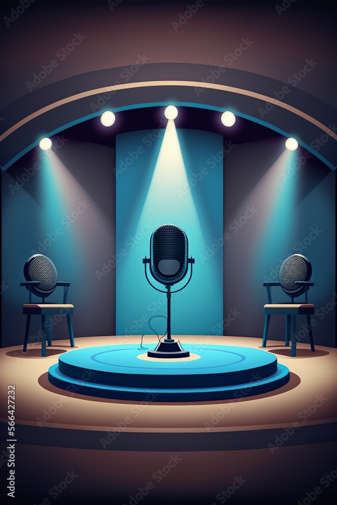 cartoon illustration, stage for a talent show with round podium ...