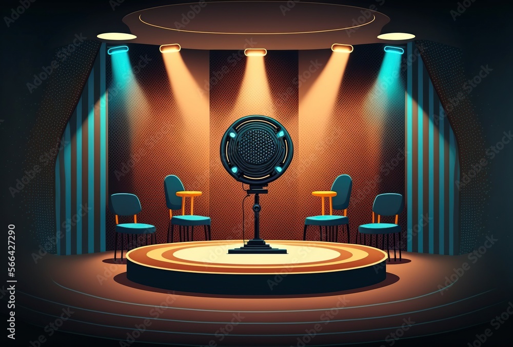 cartoon illustration, stage for a talent show with round podium ...