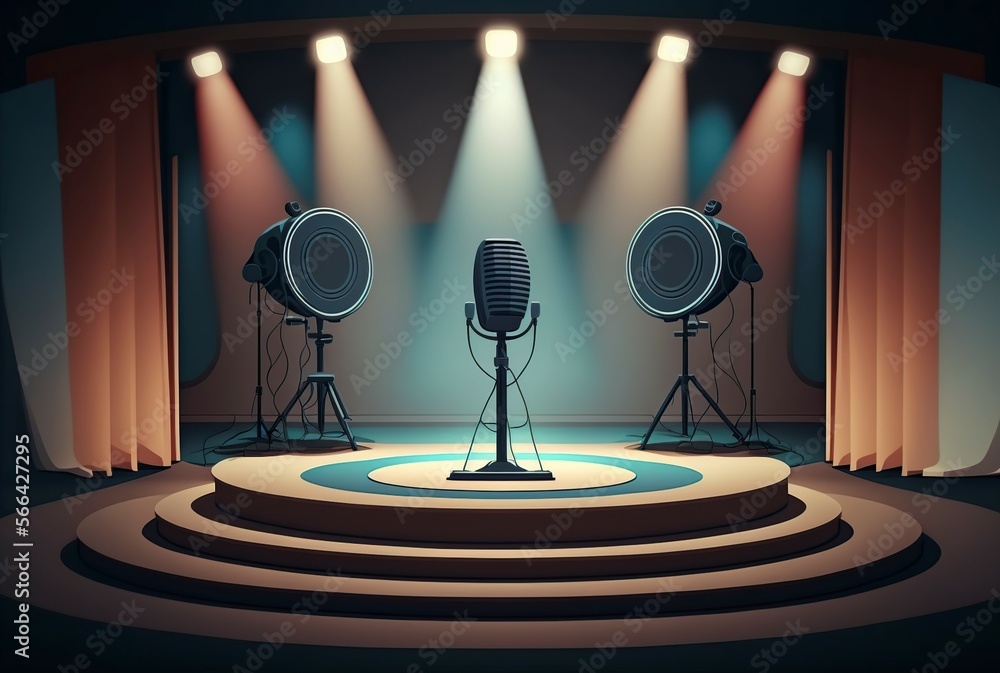 cartoon illustration, stage for a talent show with round podium ...