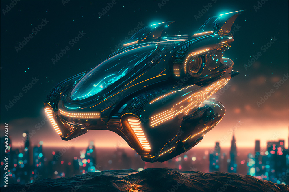 Illuminated futuristic autonomous flying car science fiction scene ...