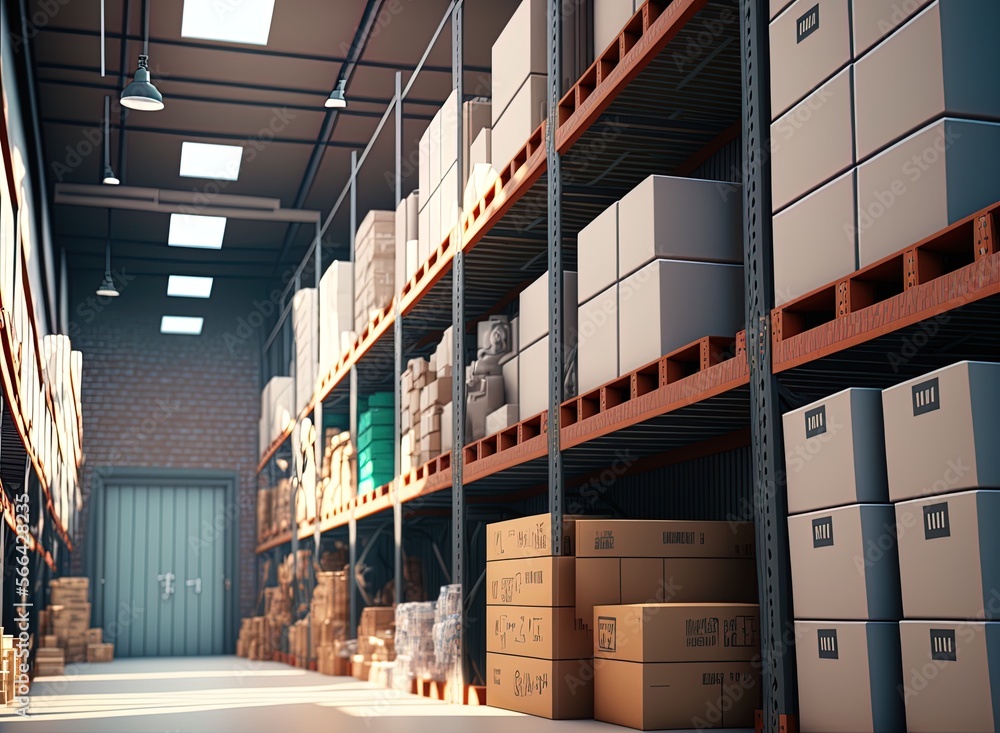 Boxes fill the contemporary warehouse storage shown here. Generative AI ...