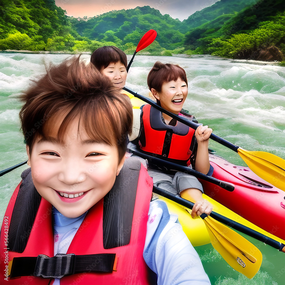 Happy smiling Asian American kids on adventure kayaking on river. Made ...