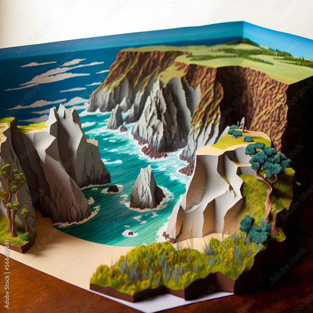 cliffs overlooking ocean: papercraft diorama style (generative ai ...
