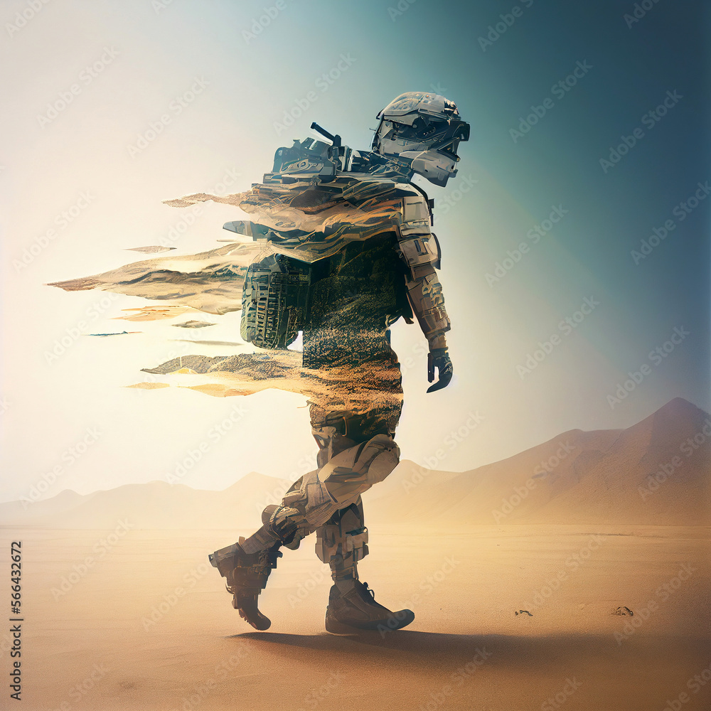 Double exposure silhouette of modern soldiers in a scene from a game or ...
