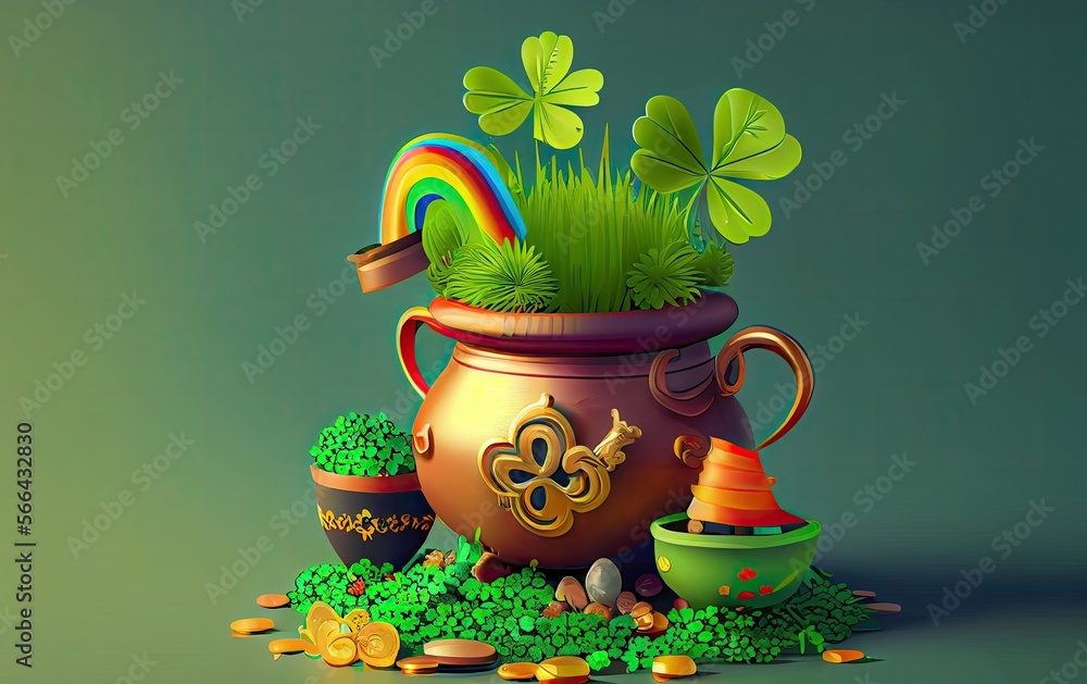 Pot Of Gold Four Leaf Clovers Rainbow Background Art Generative AI ...